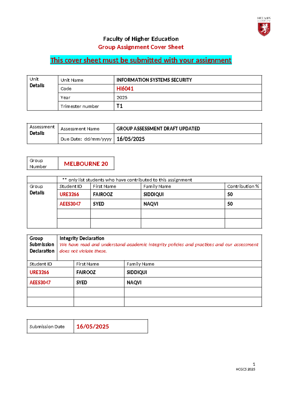HI6041 T1 Group Assignment Cover Sheet & Security Policy Draft 2025 ...