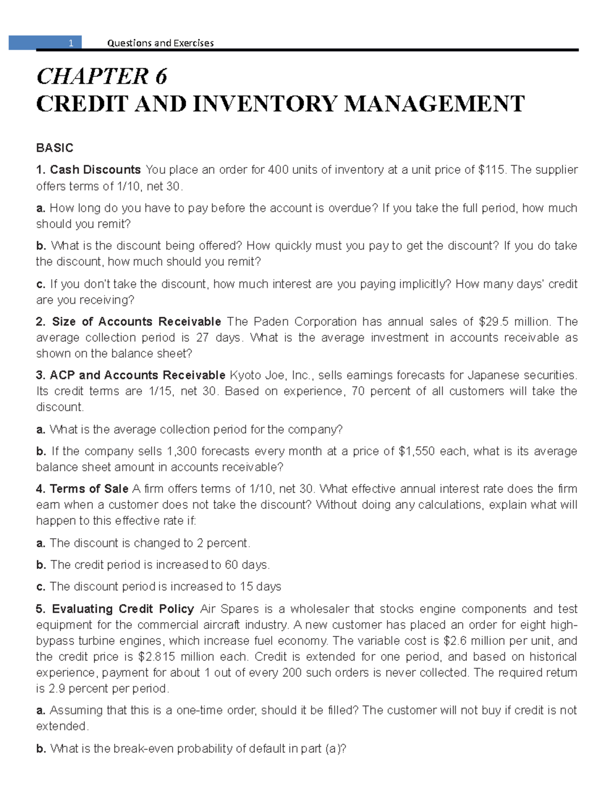 Chapter 6 Exercises: Credit & Inventory Management Overview - Studocu
