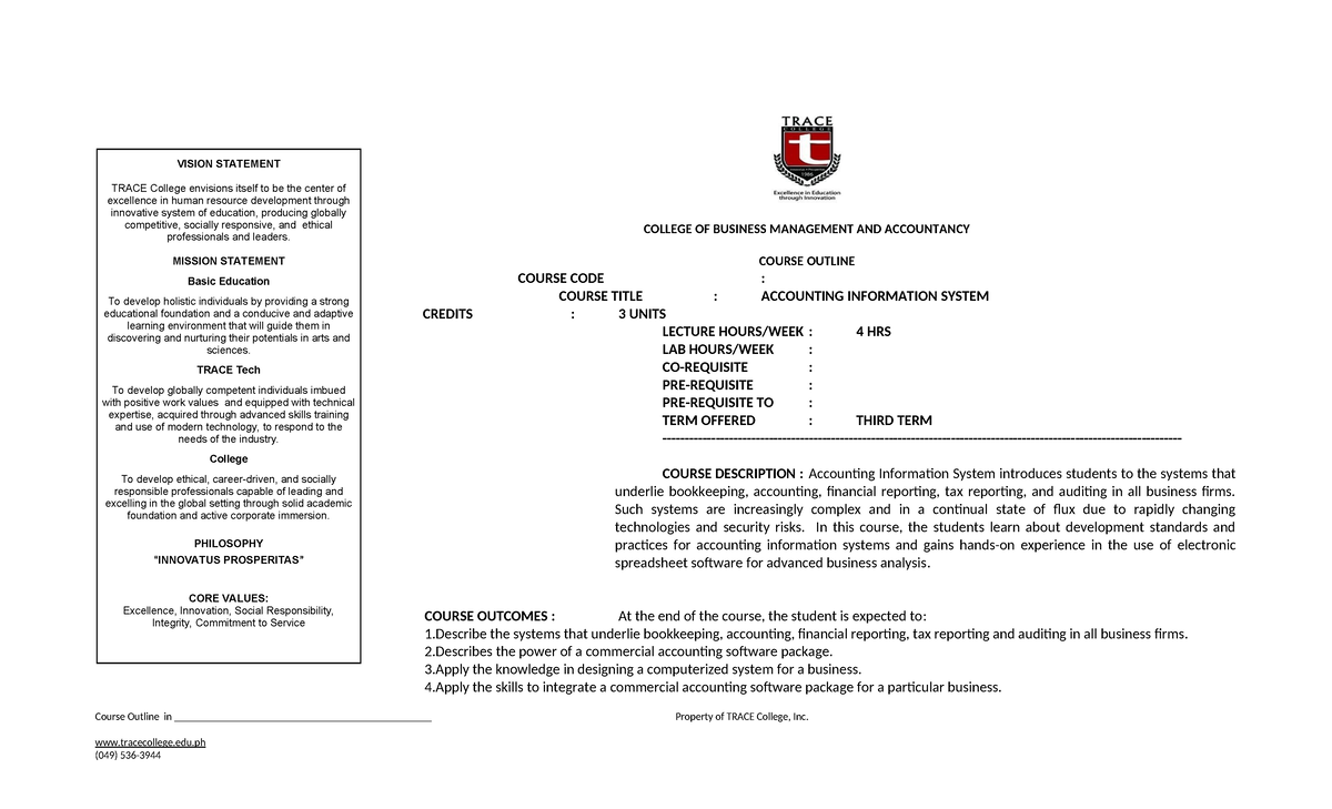 CBMA (049) Course Outline: Accounting Information Systems - Studocu