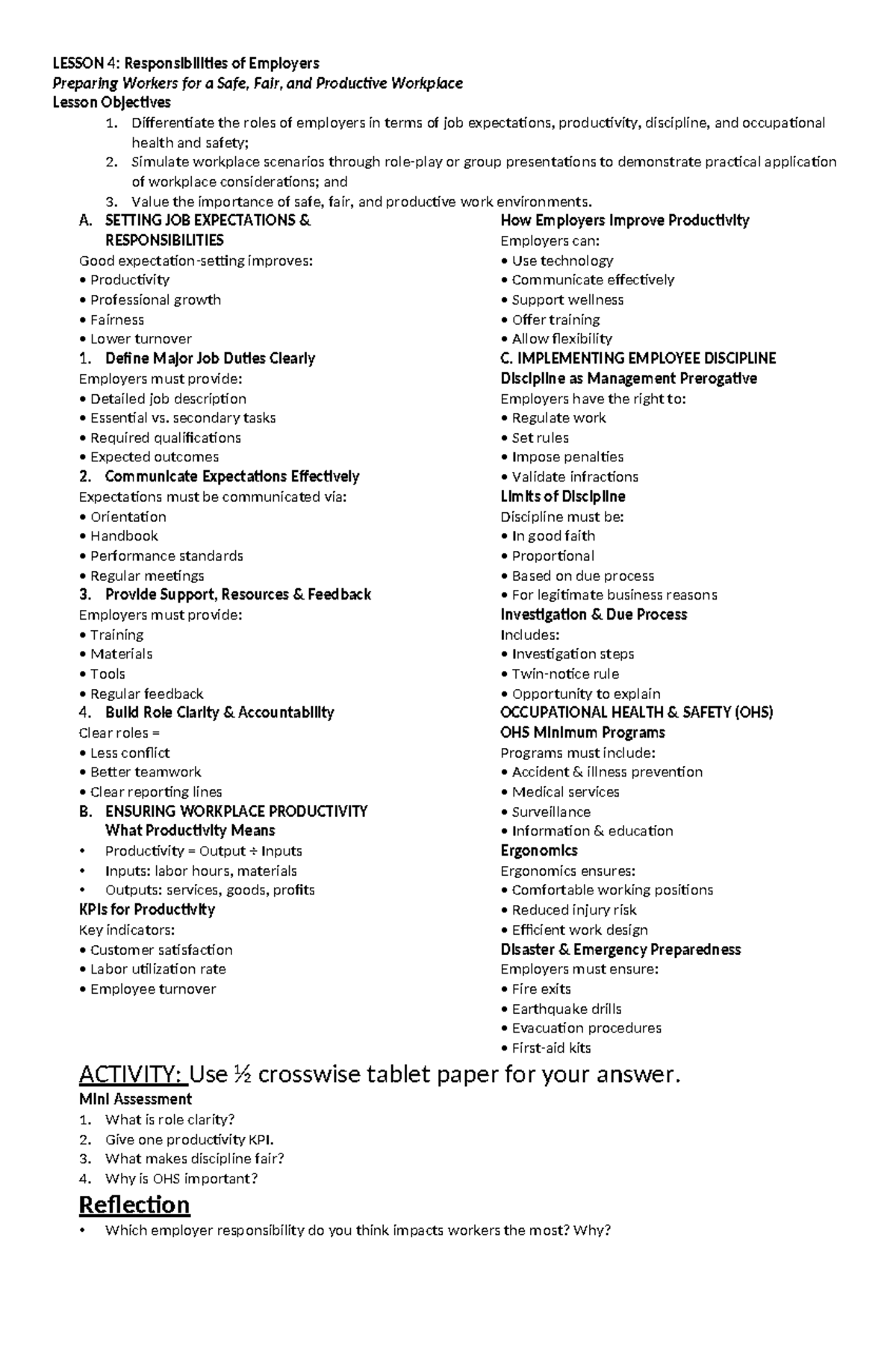 LESSON 4: Employer Responsibilities for a Safe and Productive Workplace ...