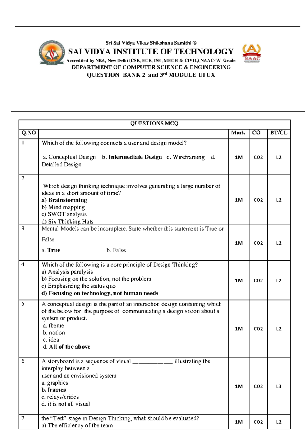 UI UX IA2 Question Bank: MCQs for 2nd & 3rd Modules - Studocu
