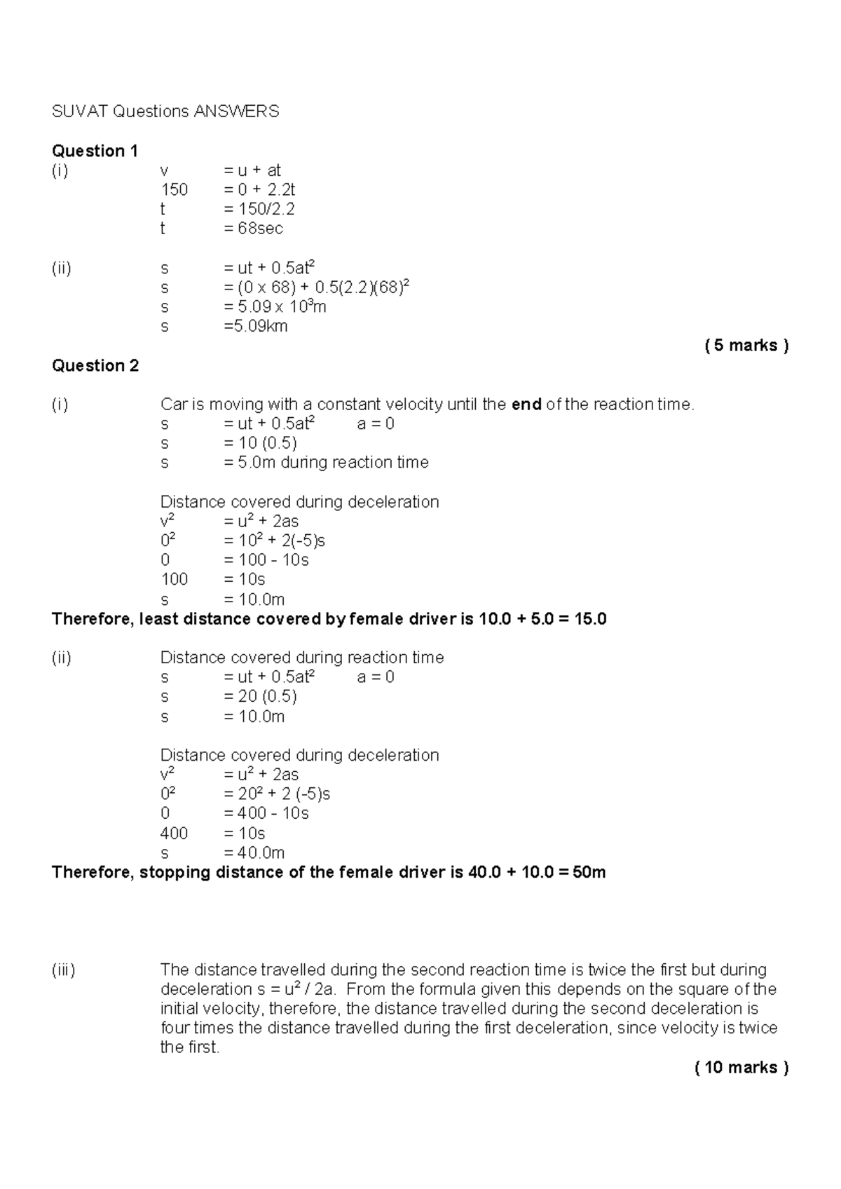 SUVAT Questions - Answers for Physics Course (Final Exam) - Studocu