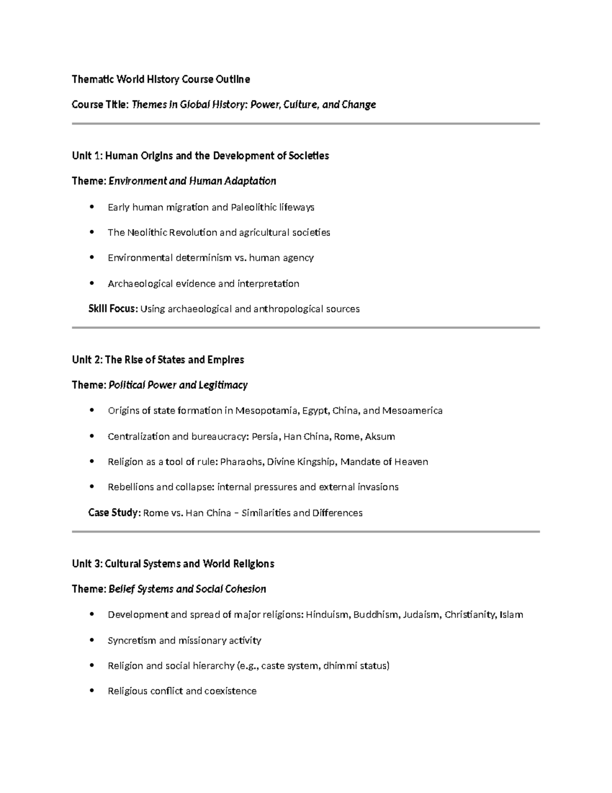Thematic World History Course Outline: Power, Culture, and Change - Studocu
