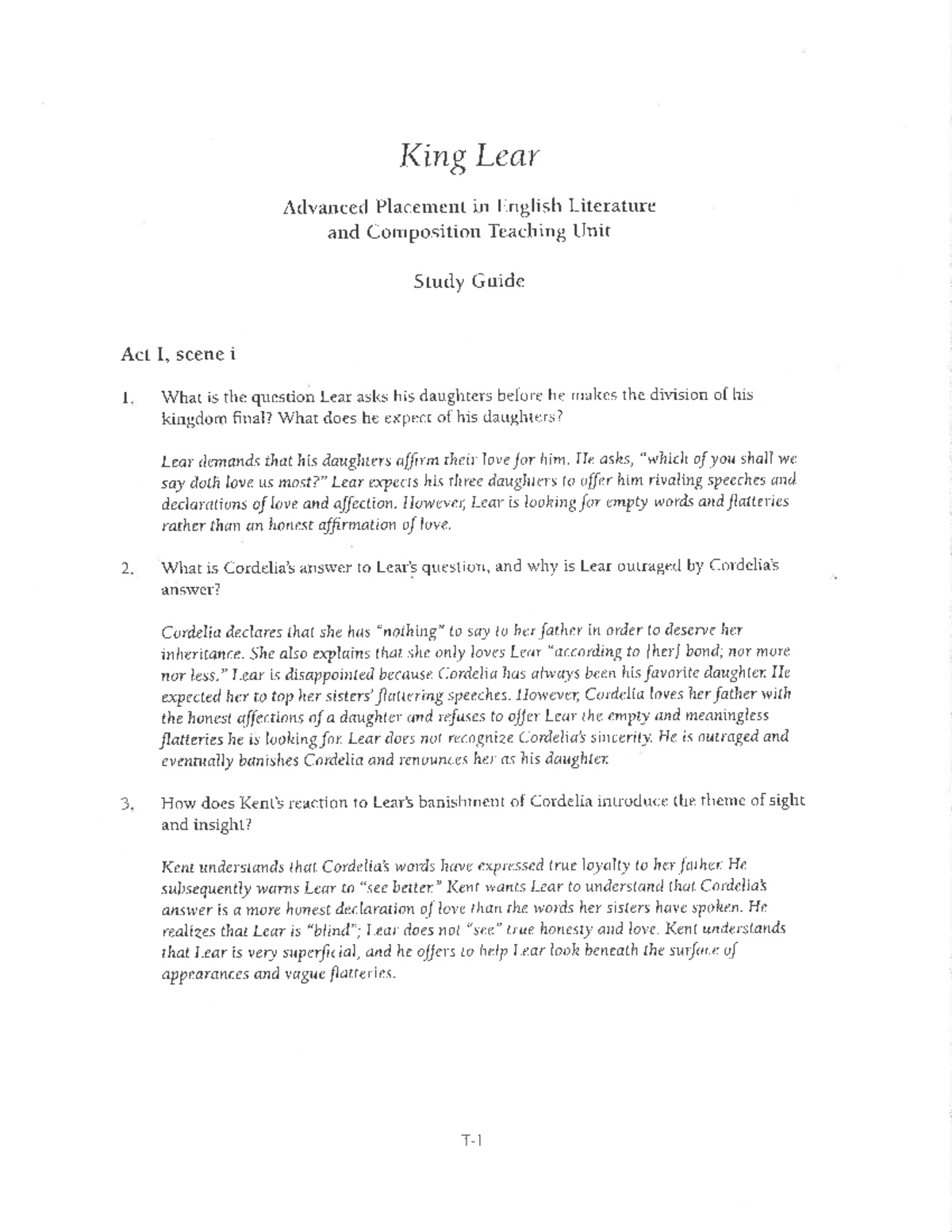 King Lear: Key Questions & Answers for Understanding Act 1 - Studocu