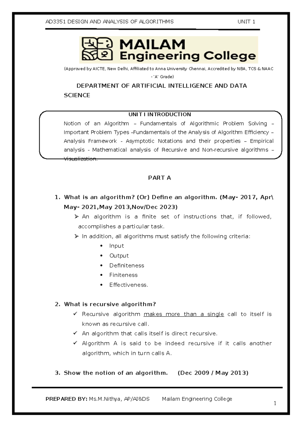 AD3351 DESIGN AND ANALYSIS OF ALGORITHMS UNIT 1 NOTES (June 2025) - Studocu