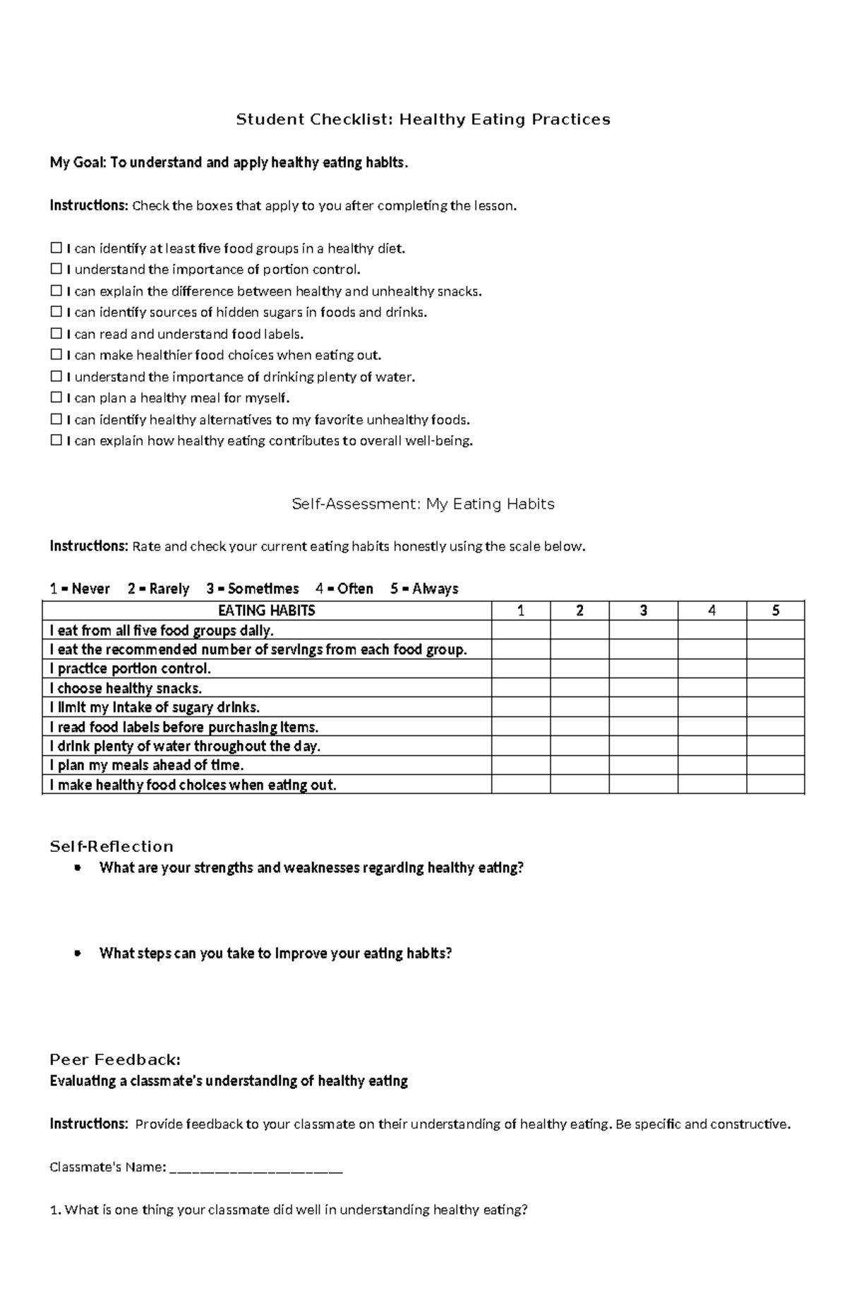 Healthy Eating Practices Checklist for SY 2025-2026 Pathfit 1 - Studocu