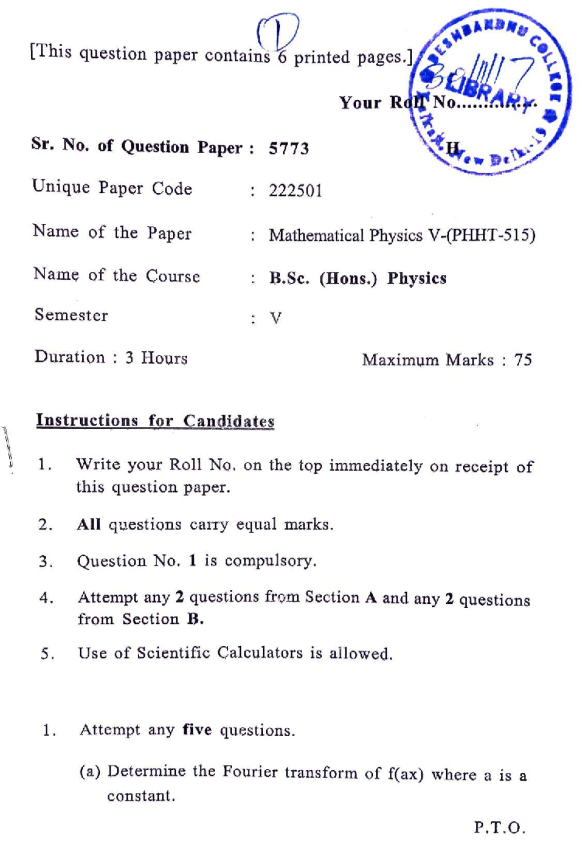 B.Sc. (Hons.) Physics Semester V - Mathematical Physics & Quantum ...