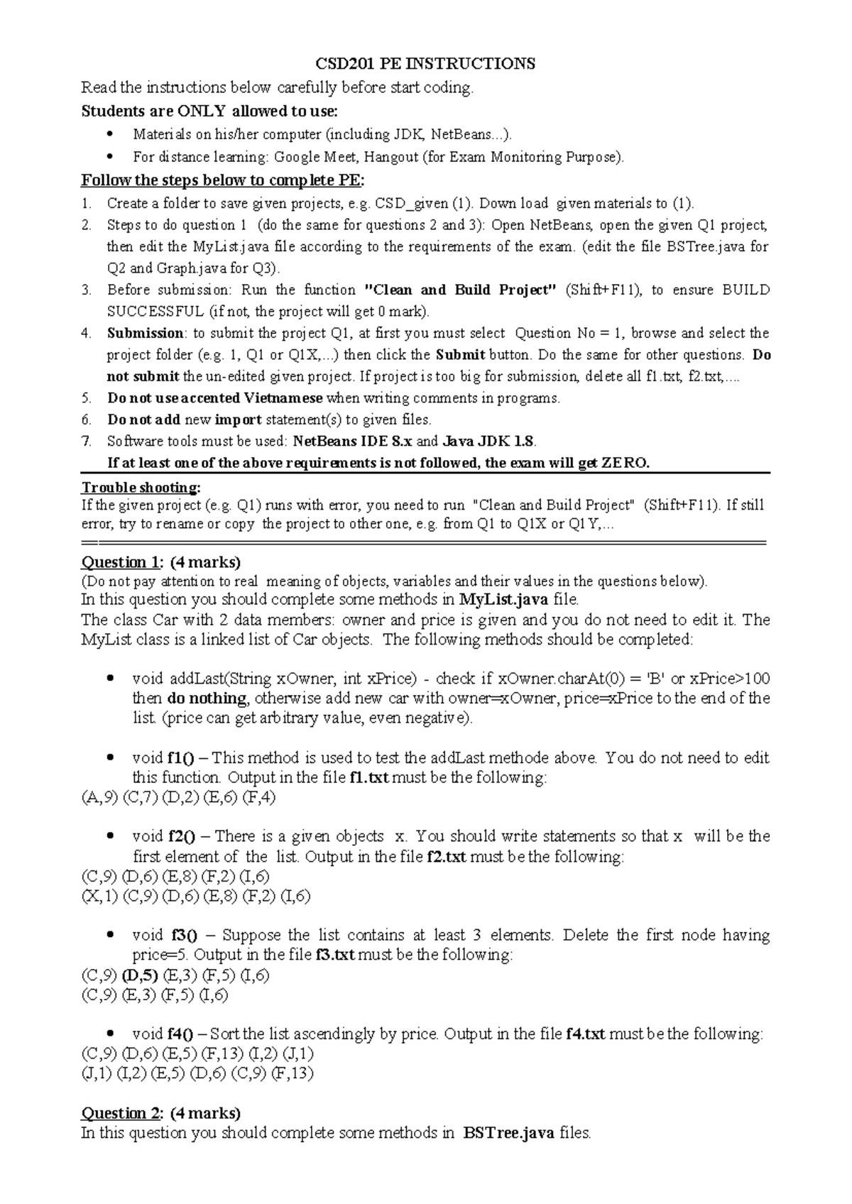 CSD201 Sample Programming Exam Instructions and Questions - Studocu