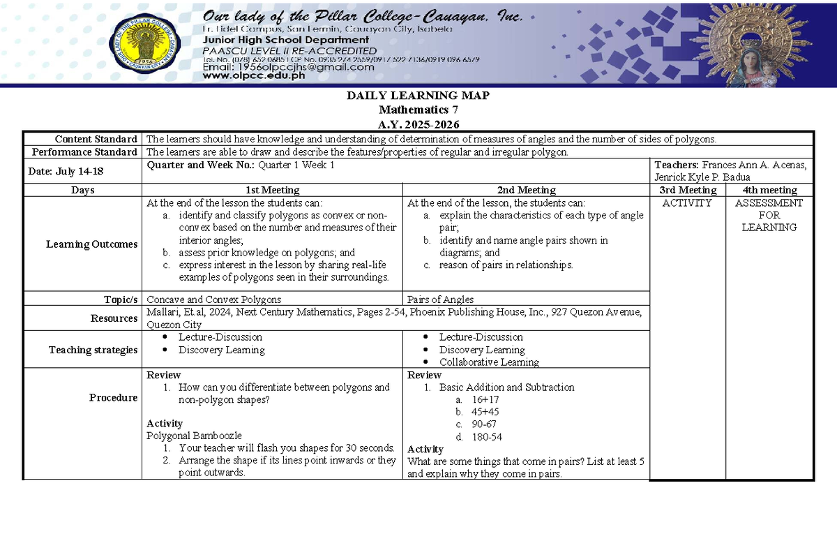 MATH 7 Q1W1 - Daily Learning Map on Polygons and Angles - Studocu