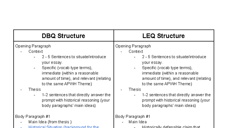 Writing Formats (DBQ & LEQ) - DBQ Structure LEQ Structure Opening ...