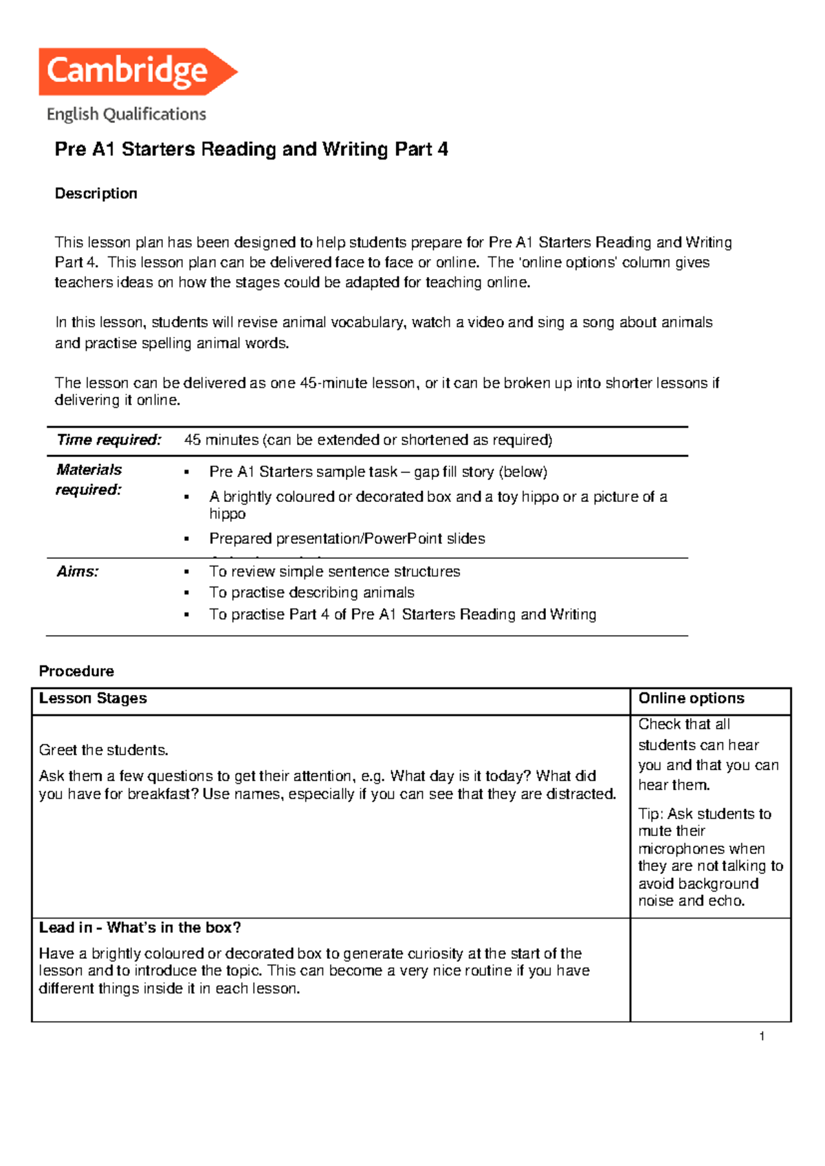 Pre-A1 Starters Reading & Writing Lesson Plan: Part 4 - Studocu