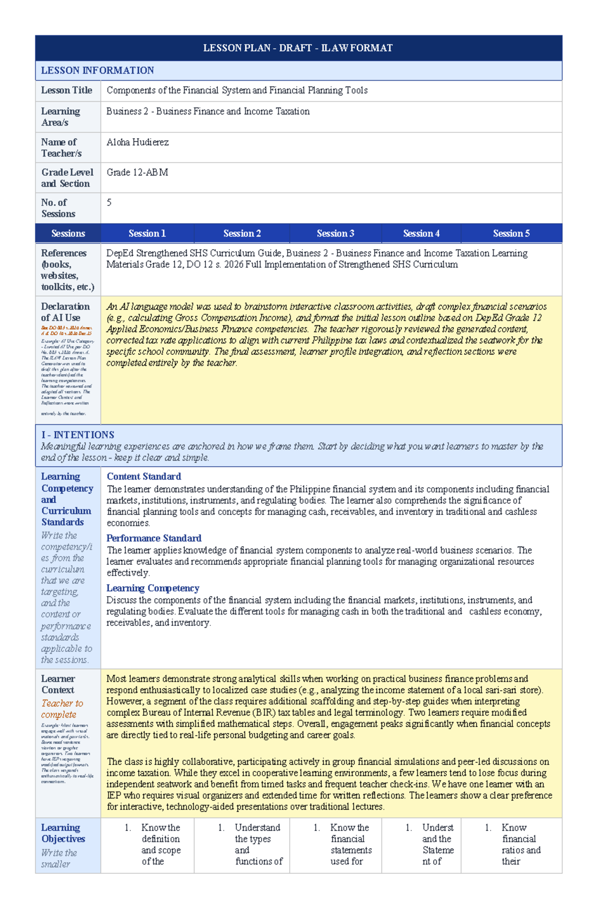 ILAW 2: Components of the Financial System & Planning Tools Lesson Plan ...