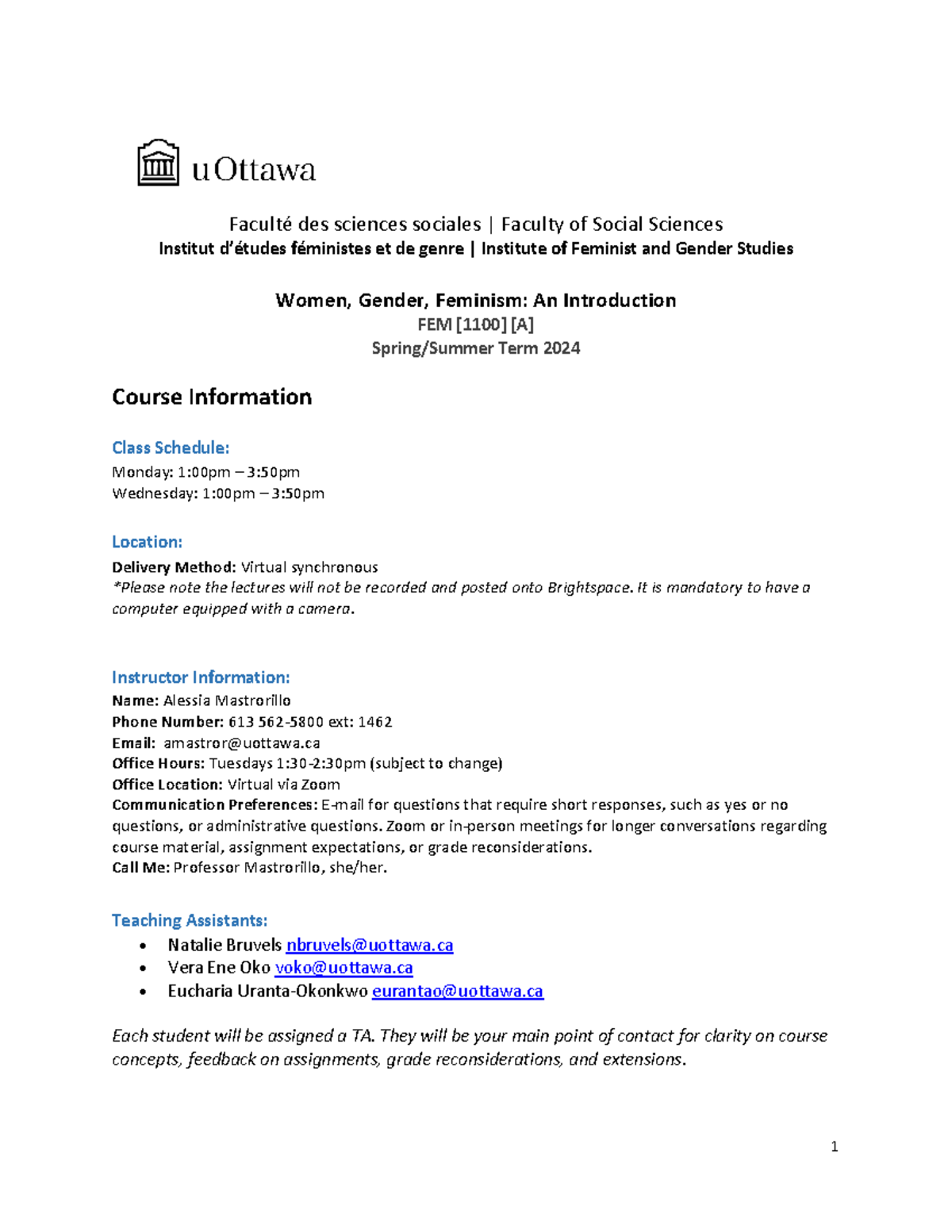 FEM 1100 Syllabus: Women, Gender, and Feminism - Summer 2024 - Studocu