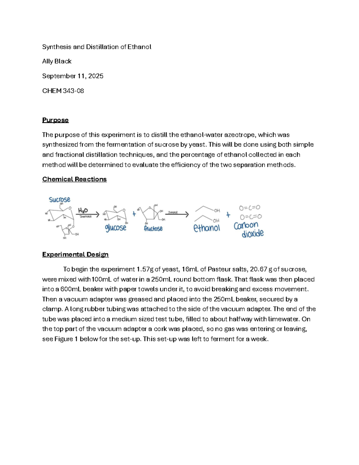 Lab Report 3: Synthesis & Distillation of Ethanol (CHEM) - Studocu