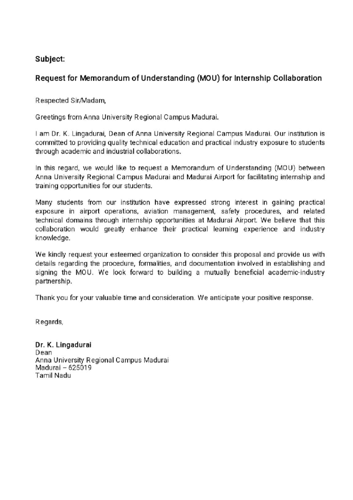 Request for MOU: Internship Collaboration with Madurai Airport - Studocu