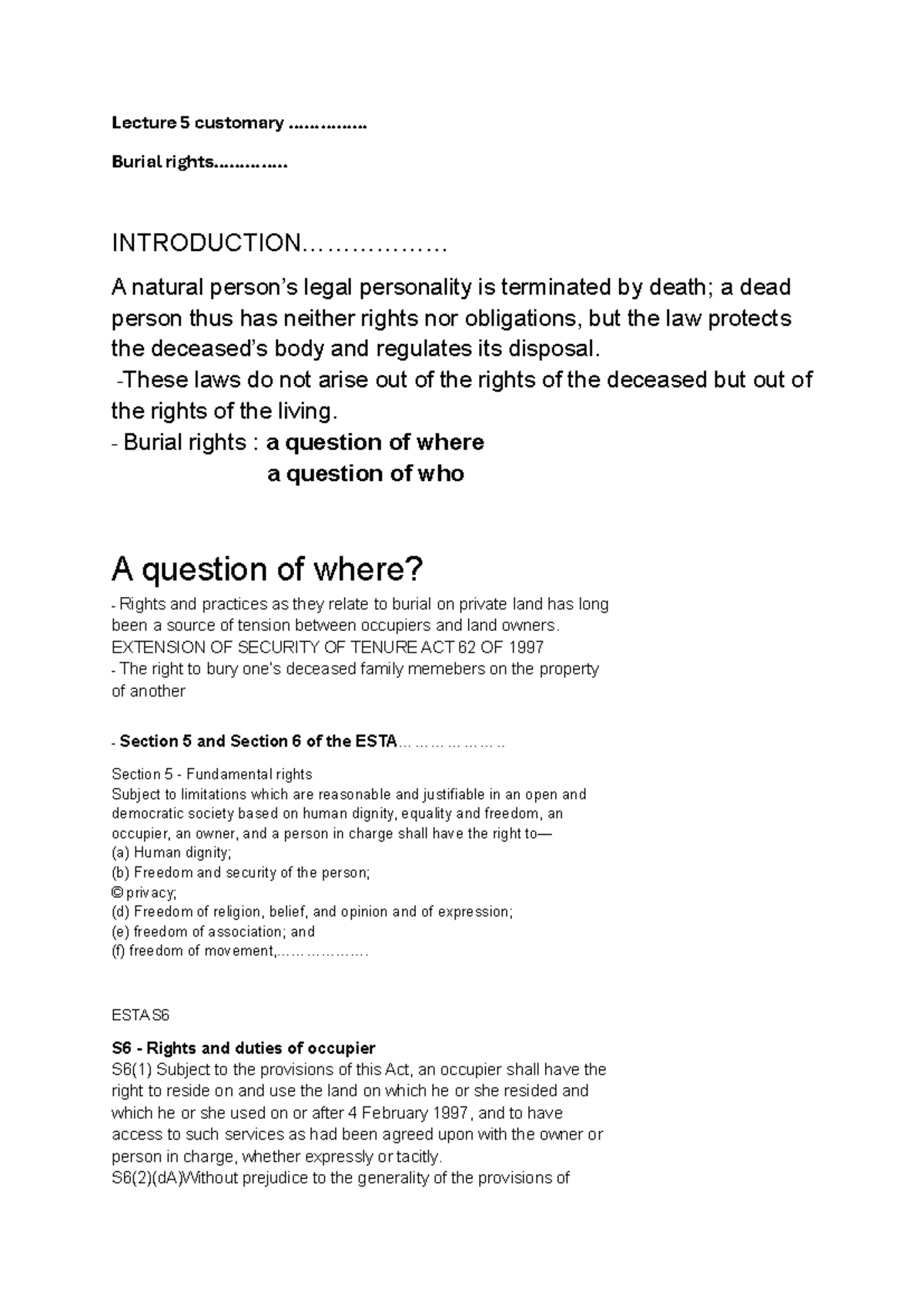 Lecture 5: Burial Rights and Legal Personality in Customary Law - Studocu