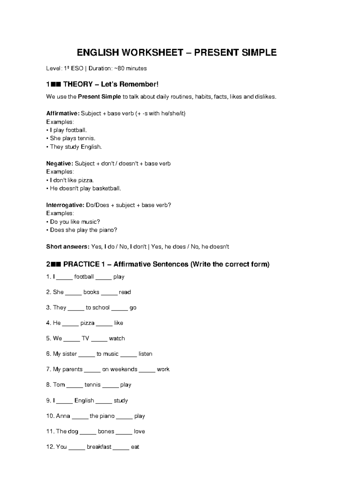 Present Simple Worksheet for 1º ESO: Daily Routines & Habits - Studocu