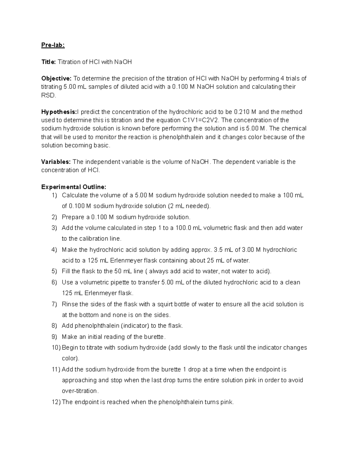 Lab Report: HCl Titration with NaOH - Determining Precision and RSD - Studocu