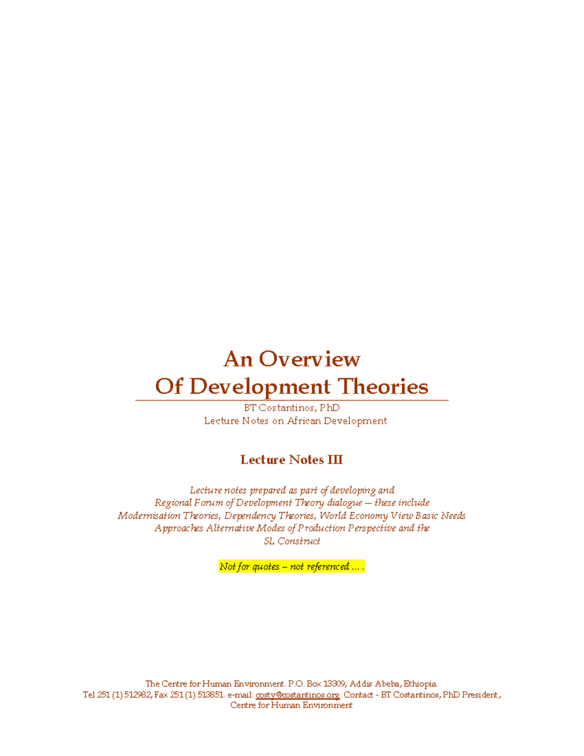 Development Theories - Lecture Notes by BT Costantinos, PhD - Studocu