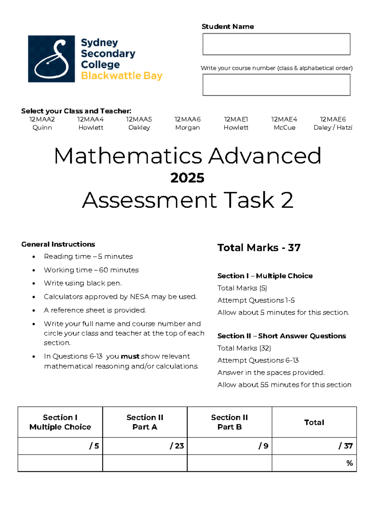 AT2 2025 - 12MAA Mathematics Advanced Final Exam Paper - Studocu