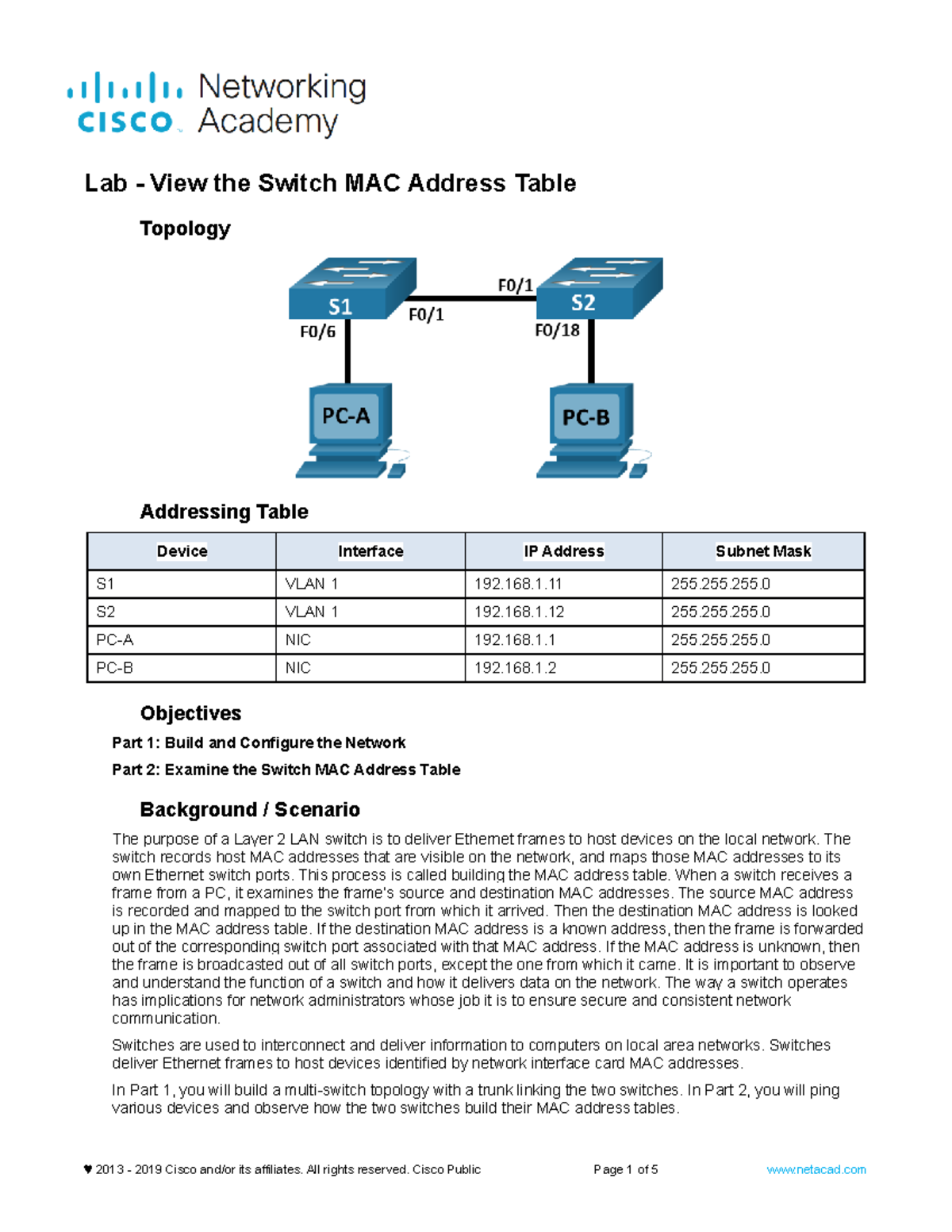 7.3.7 Lab - View the Switch MAC Address Table - Topology Addressing Table Device Interface IP ...
