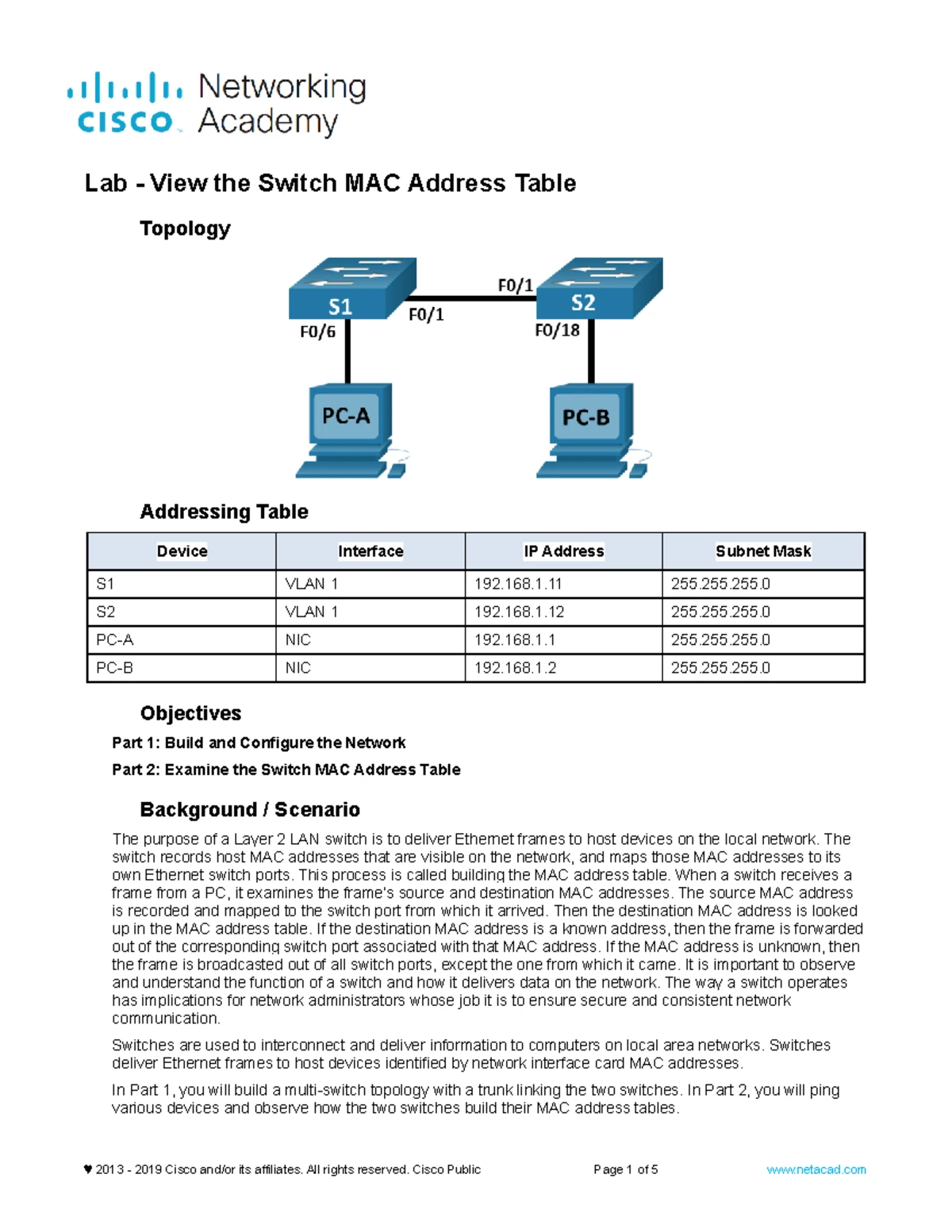 737 Lab View The Switch Mac Address Table Topology Addressing Table Device Interface Ip