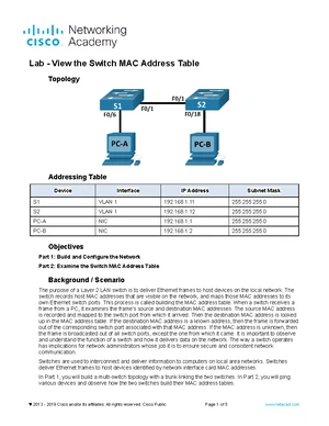 7.3.7 Lab - View the Switch MAC Address Table - Topology Addressing Table Device Interface IP ...