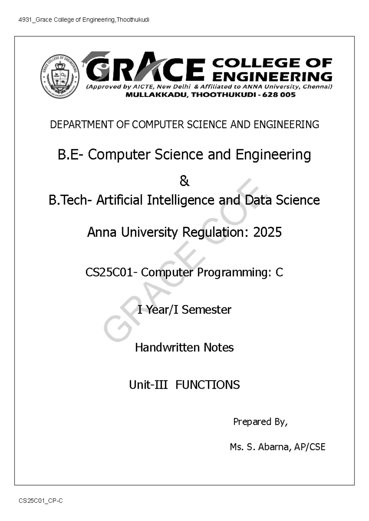 4931_CSE AI & DS: C Programming Unit 3 Handwritten Notes - Studocu