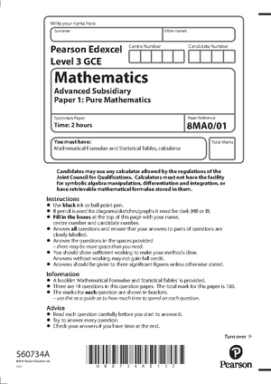 Pure Mathematics - A1 - AS Level - Sixth Form (A Levels) - Studocu