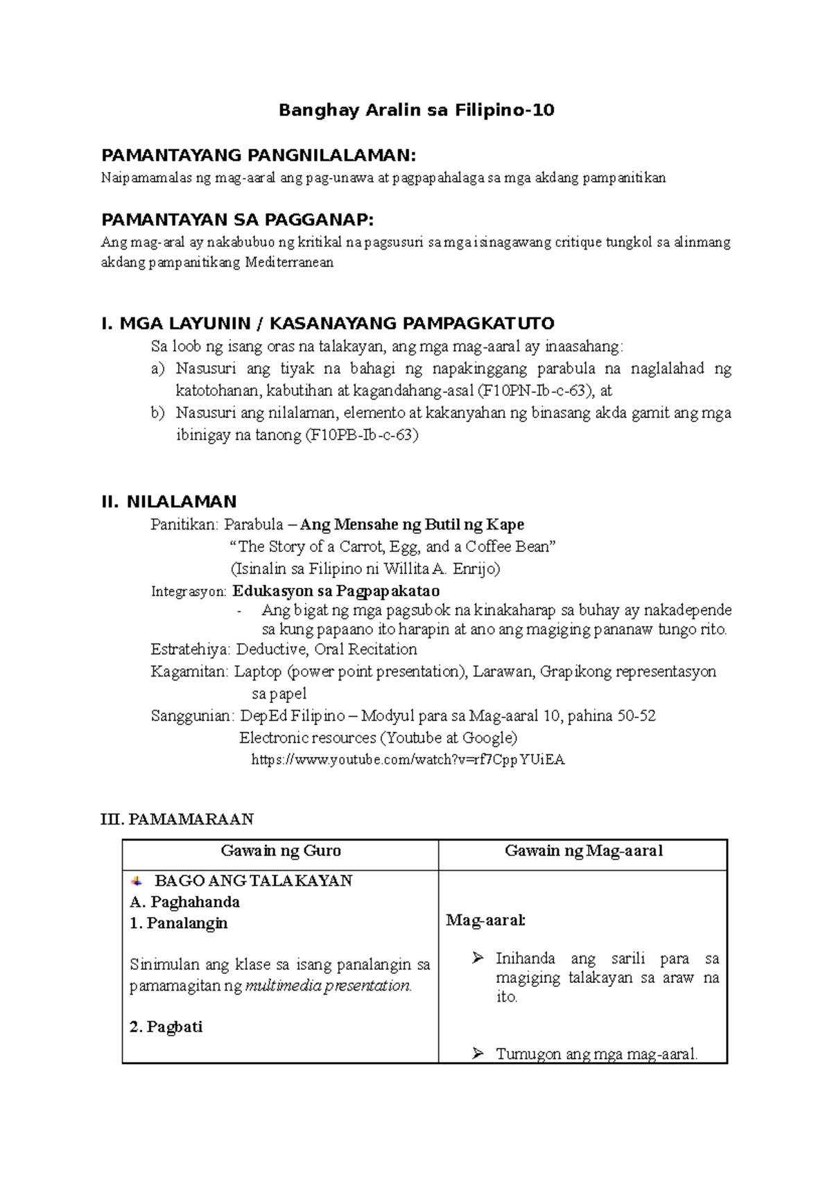 Banghay Aralin sa Filipino 10: Mensahe ng Butil ng Kape Parabula - Studocu