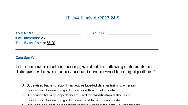 2324SEM 1-IT1244 - Machine Learning Final Exam Questions - Studocu