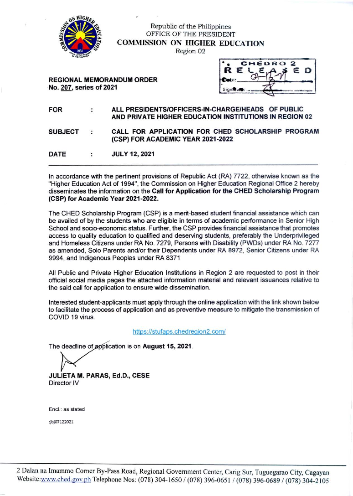 CHED Regional Memorandum No. 207, Series of 2021: CHED Scholarship ...