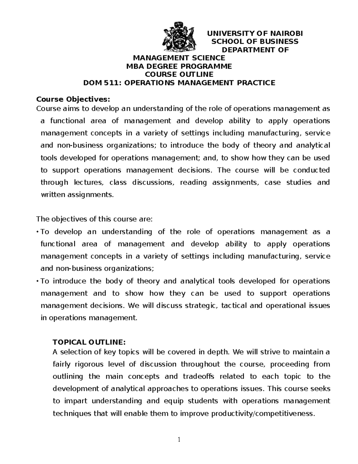 DOM 511: Operations Management Practice Course Outline - Studocu