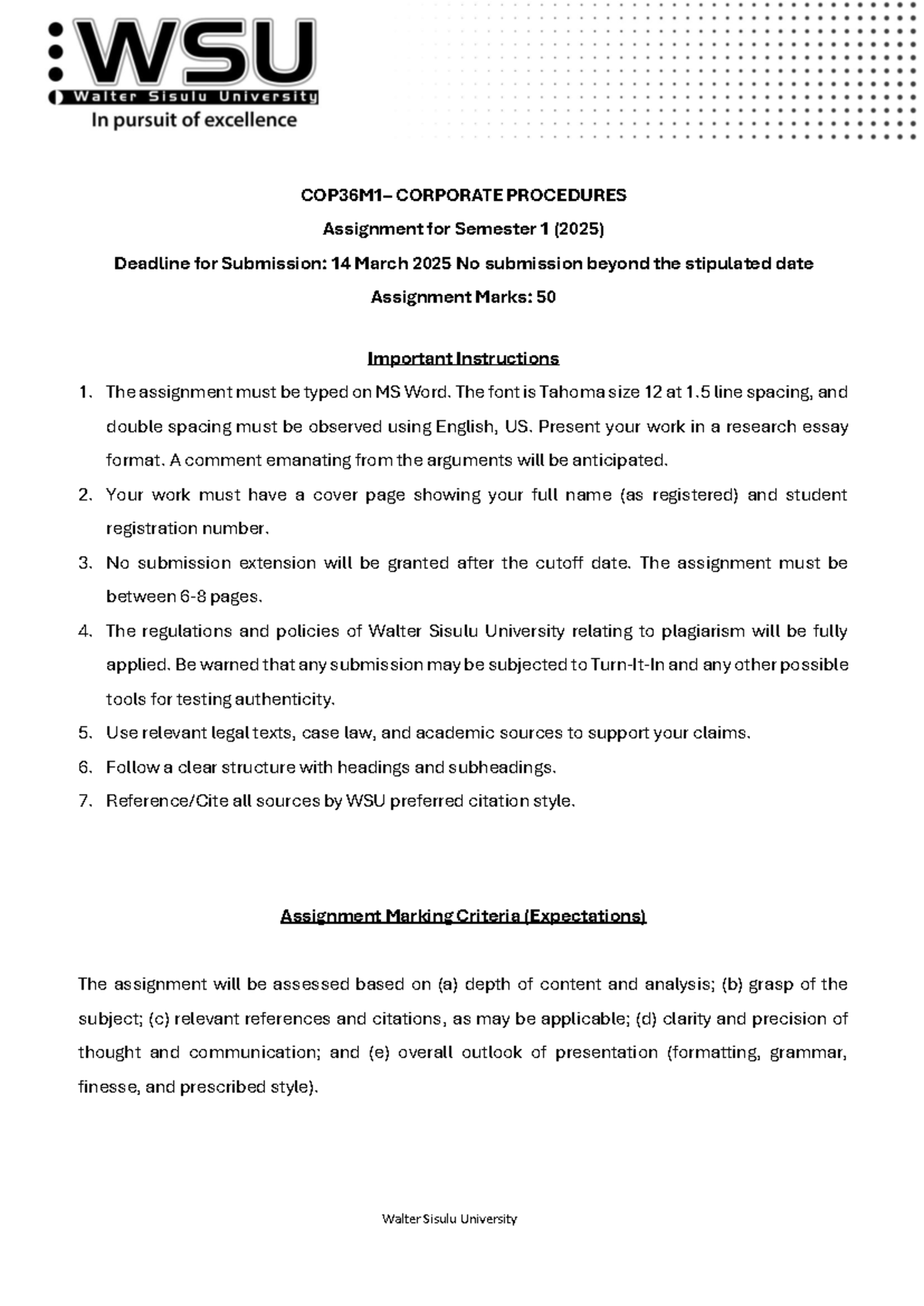 COP36M1 – Corporate Procedures Assignment Guidelines (2025) - Studocu