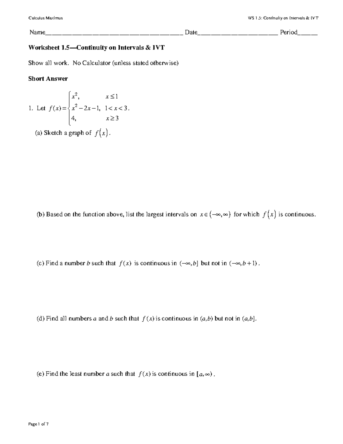 Calculus Maximus WS 01.5: Continuity on Intervals & IVT Worksheet - Studocu