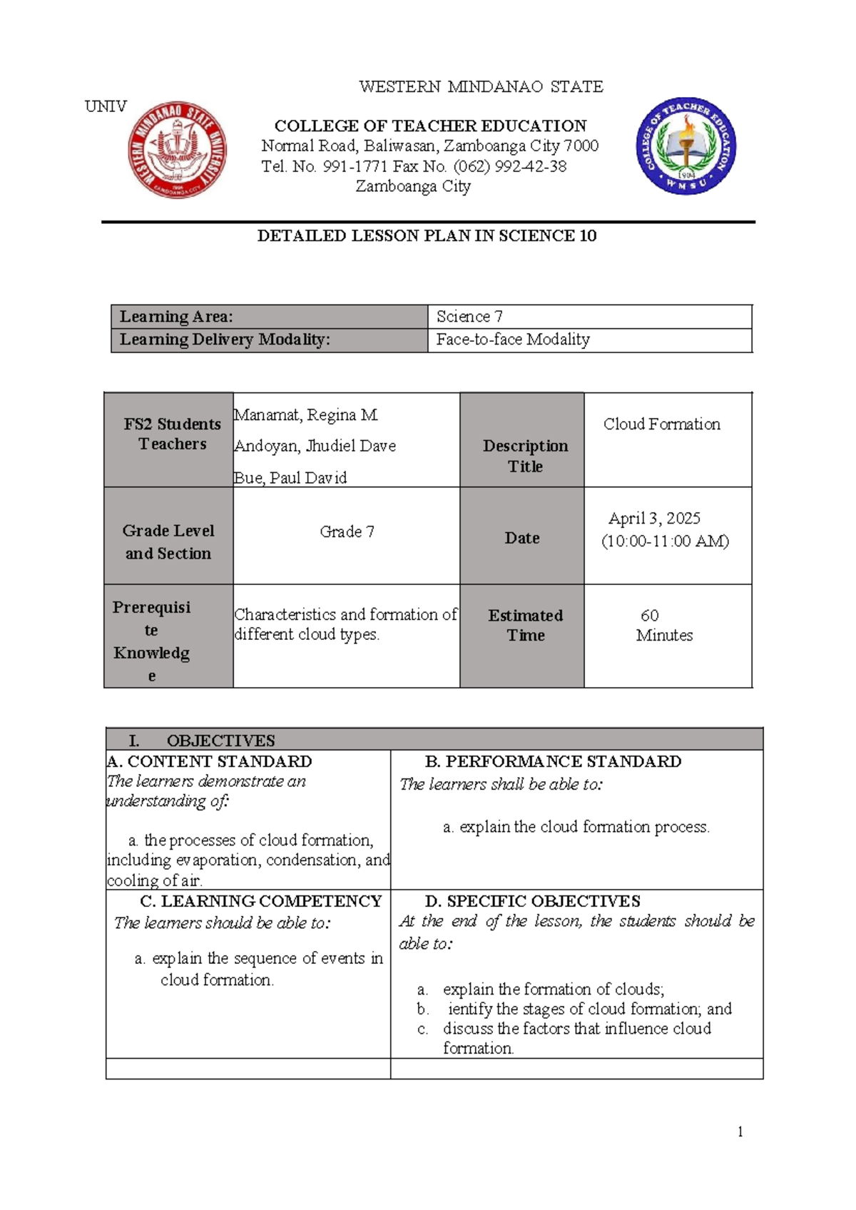 Detailed Lesson Plan: Cloud Formation in Science 7 (Remedial) - Studocu