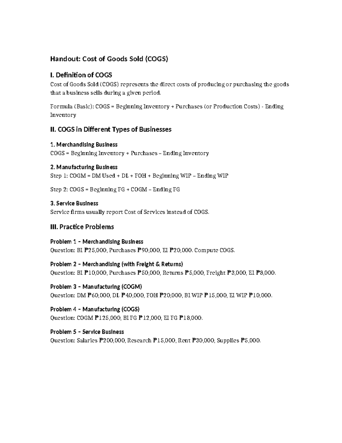 COGS Handout: Understanding Cost of Goods Sold - LECTURE NOTES - Studocu