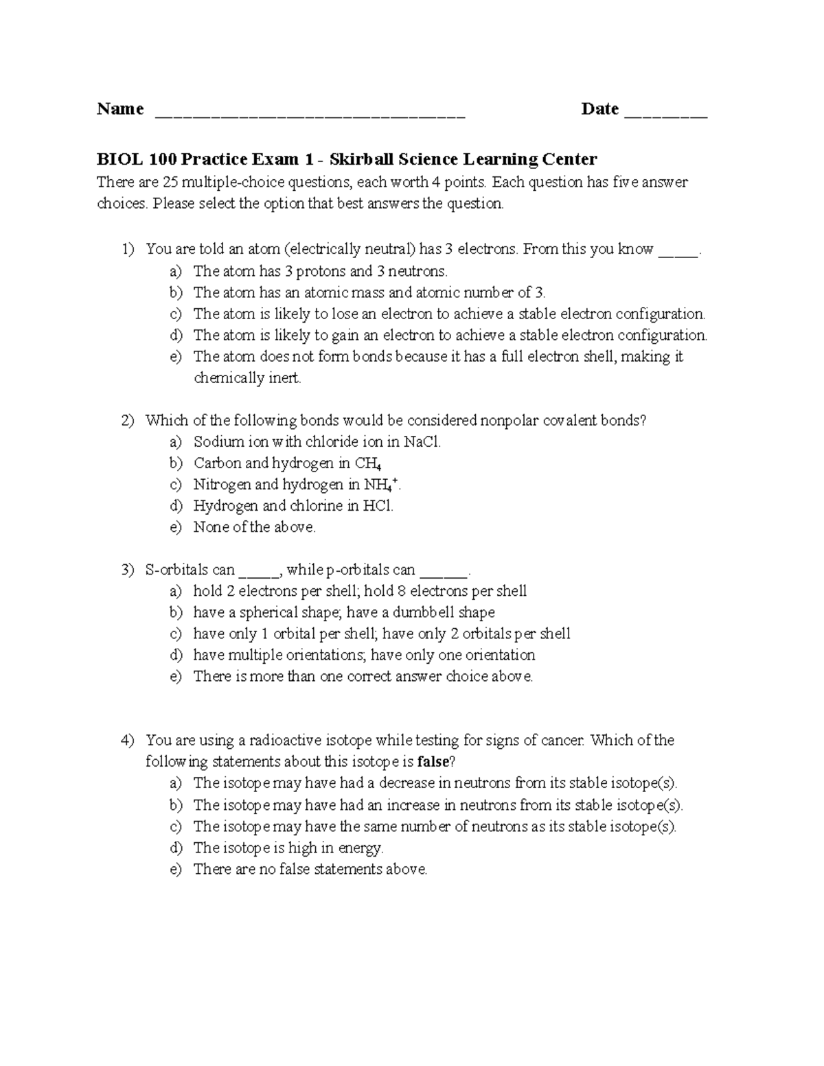 BIOL 100 Practice Exam 1 - Skirball Science Learning Center - Studocu