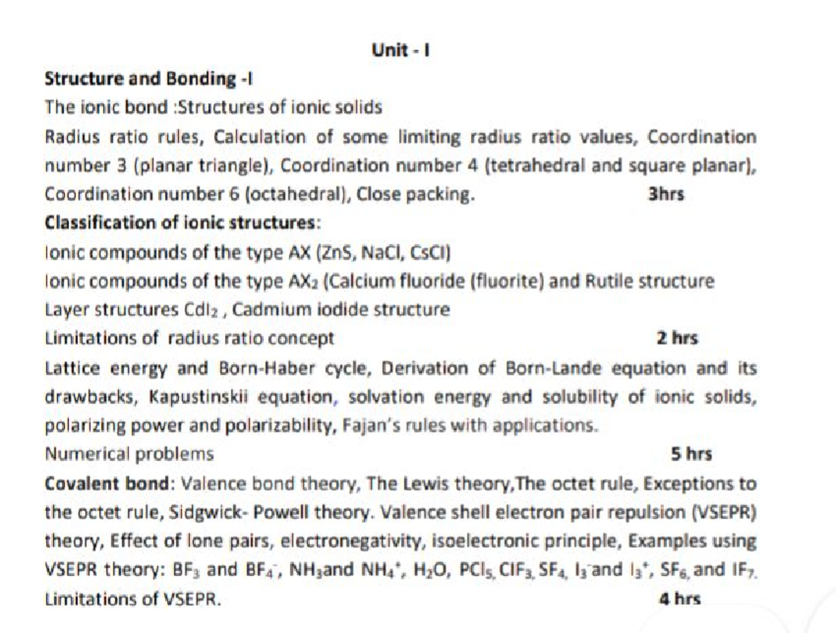 Syllabus for Chemistry 101: Unit Structure, Bonding & Kinetics - Studocu