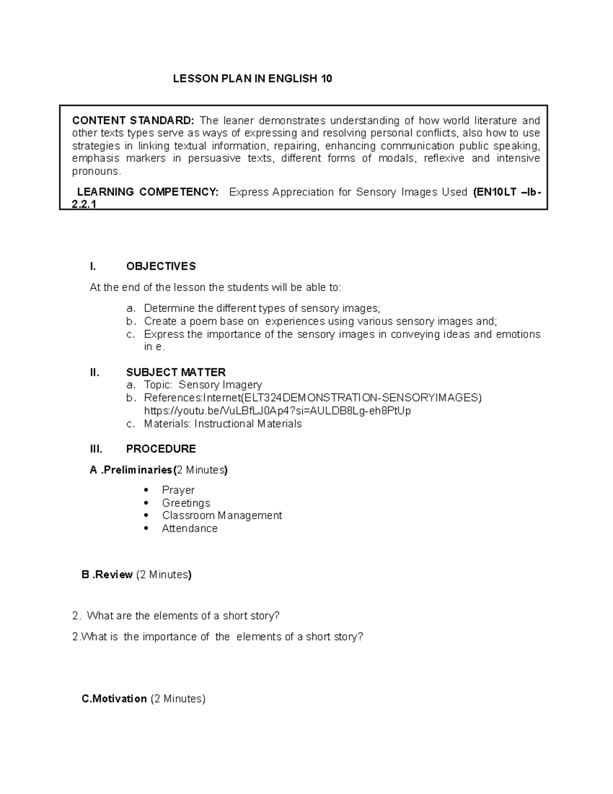 EN10 Lesson Plan: Exploring Sensory Imagery in Literature - Studocu