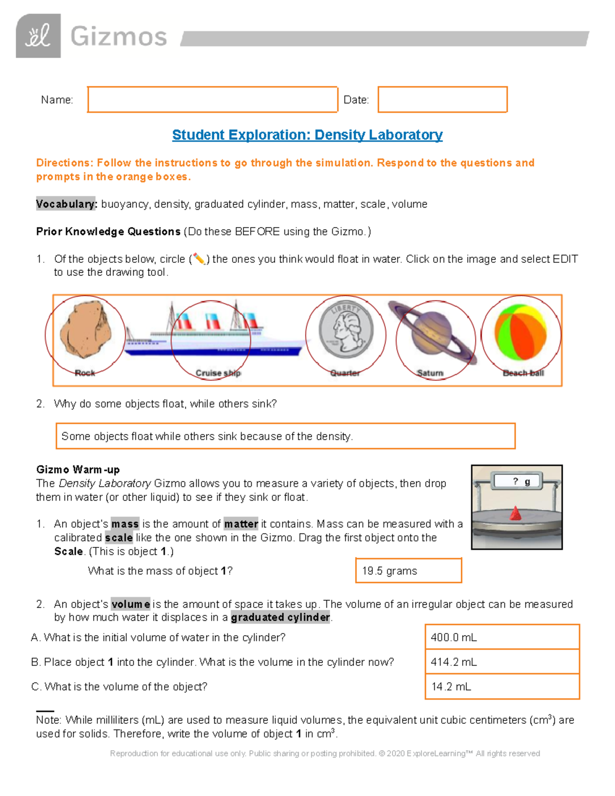 Gizmos Density Lab SE - Name: Date: Student Exploration: Density ...