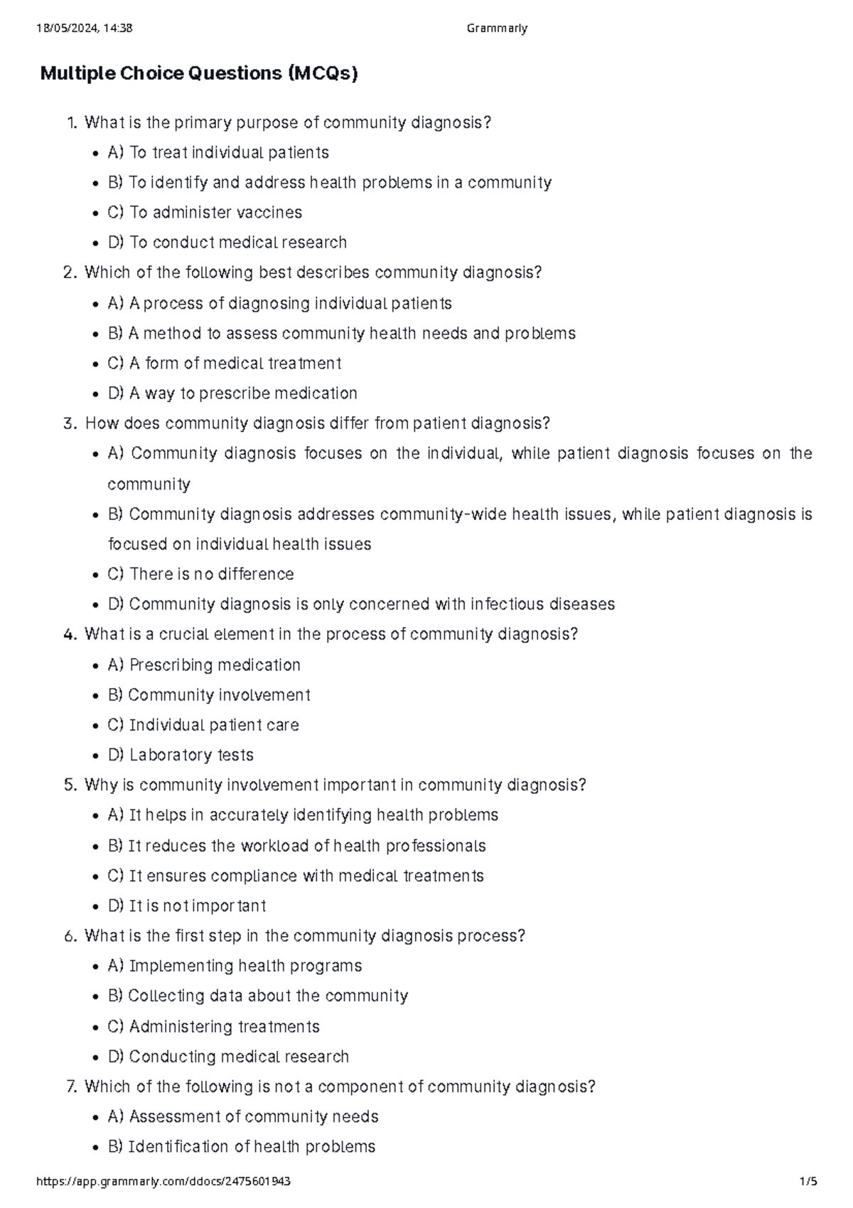 Community Diagnosis MCQs and Long Answer Questions - Studocu