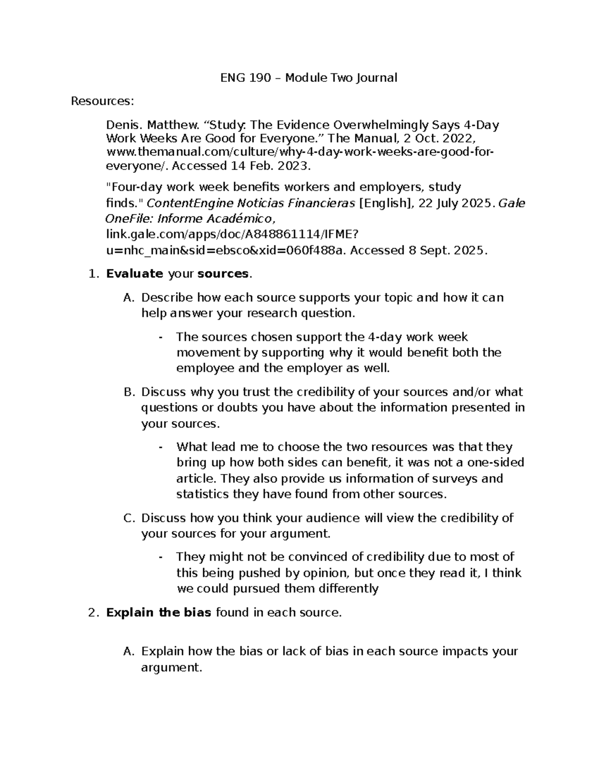 ENG 190 Module Two Journal: Evaluating Work Week Benefits - Studocu