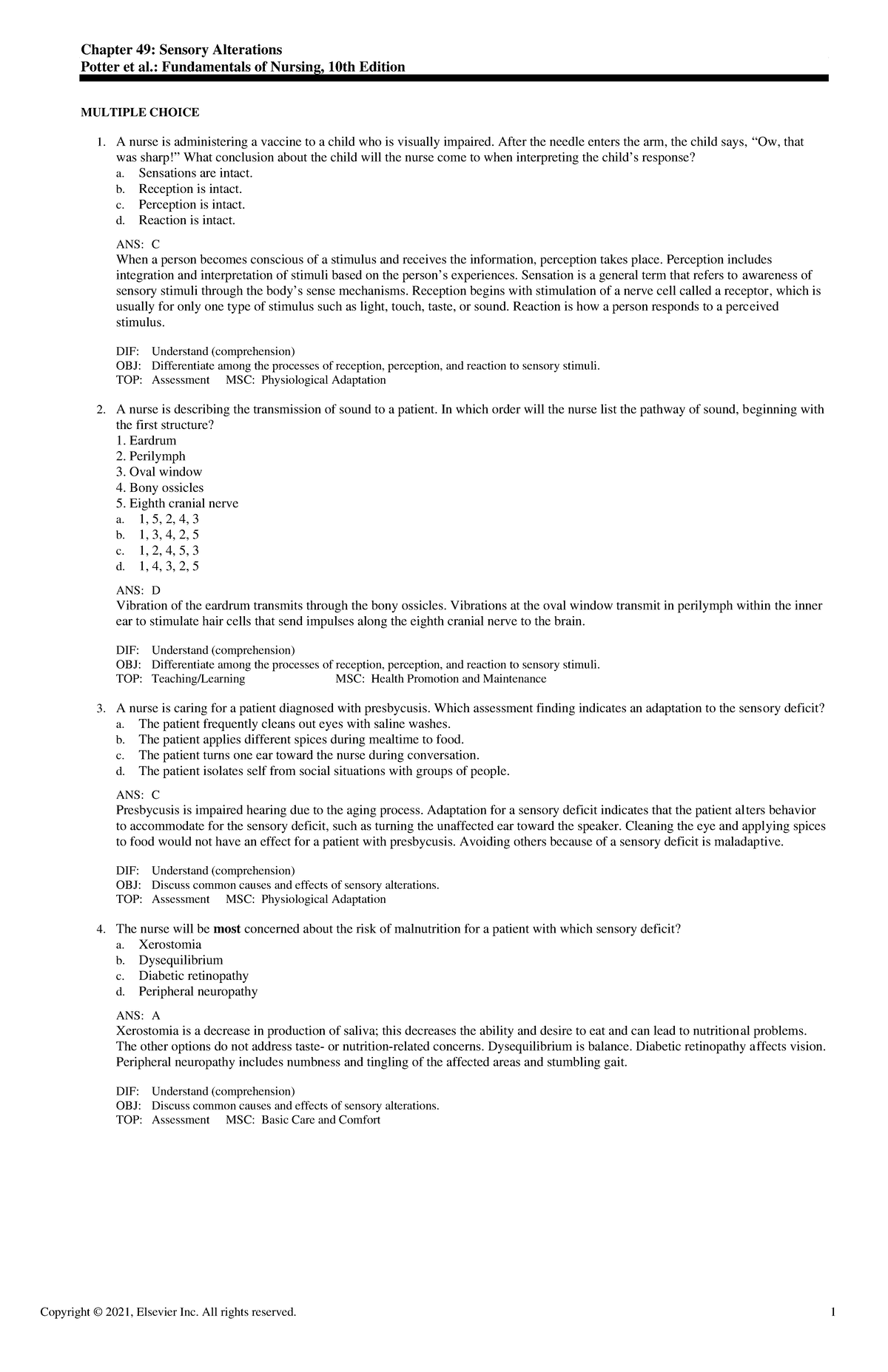 Exam View - Chapter 49 - Sensory Alterations Quiz & Study Guide - Studocu