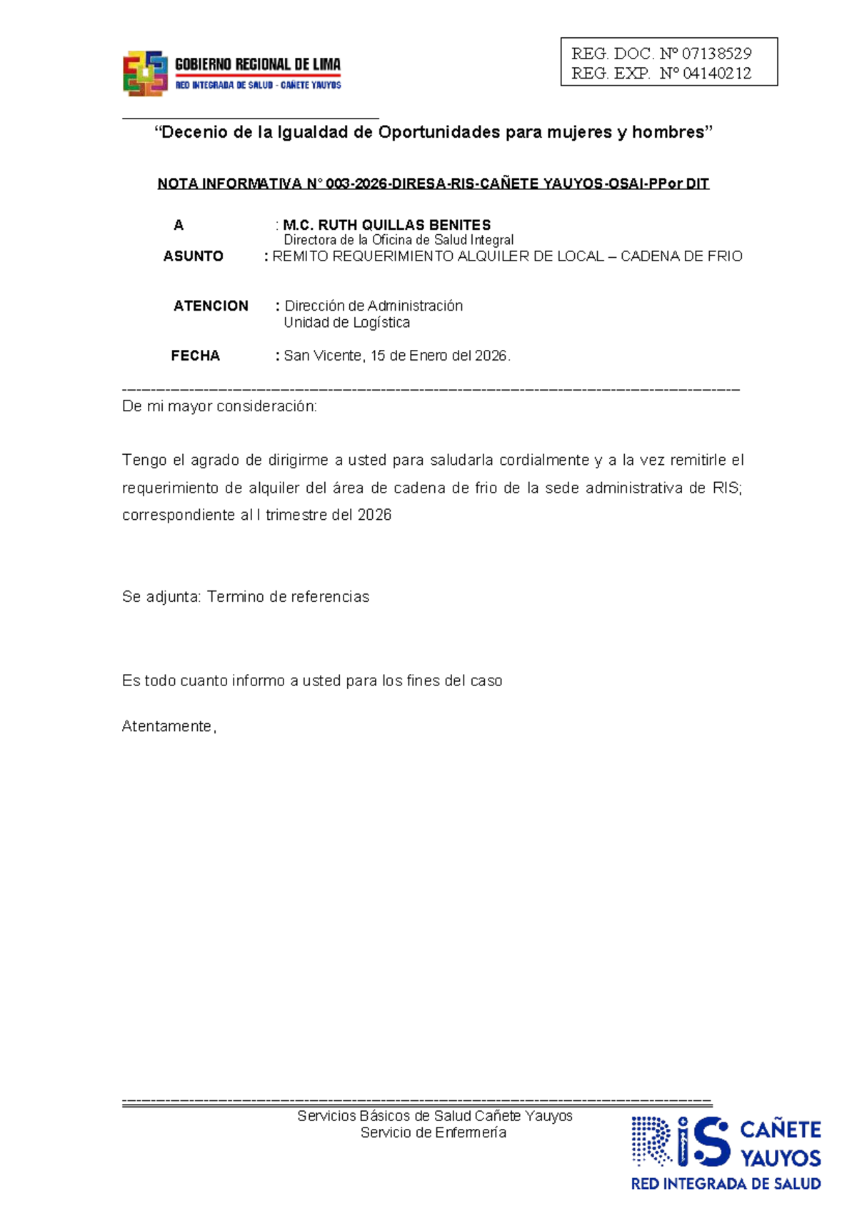 NOTA INFORMATIVA N° 003: Requerimiento Alquiler Local Cadena de Frío ...