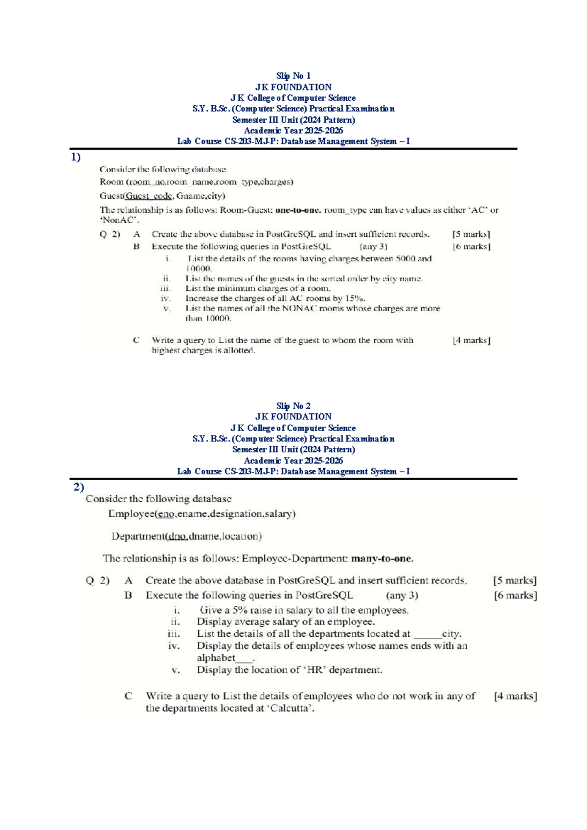 DBMS Practical Exam Slips - S.Y. B.Sc. (CS) 2024 Pattern - Studocu