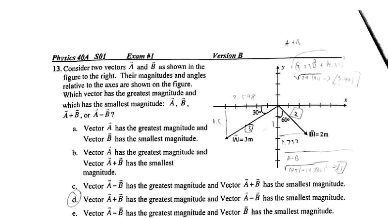 Physics 40A S01 Final Exam Version B: Vector Analysis & Projectile ...