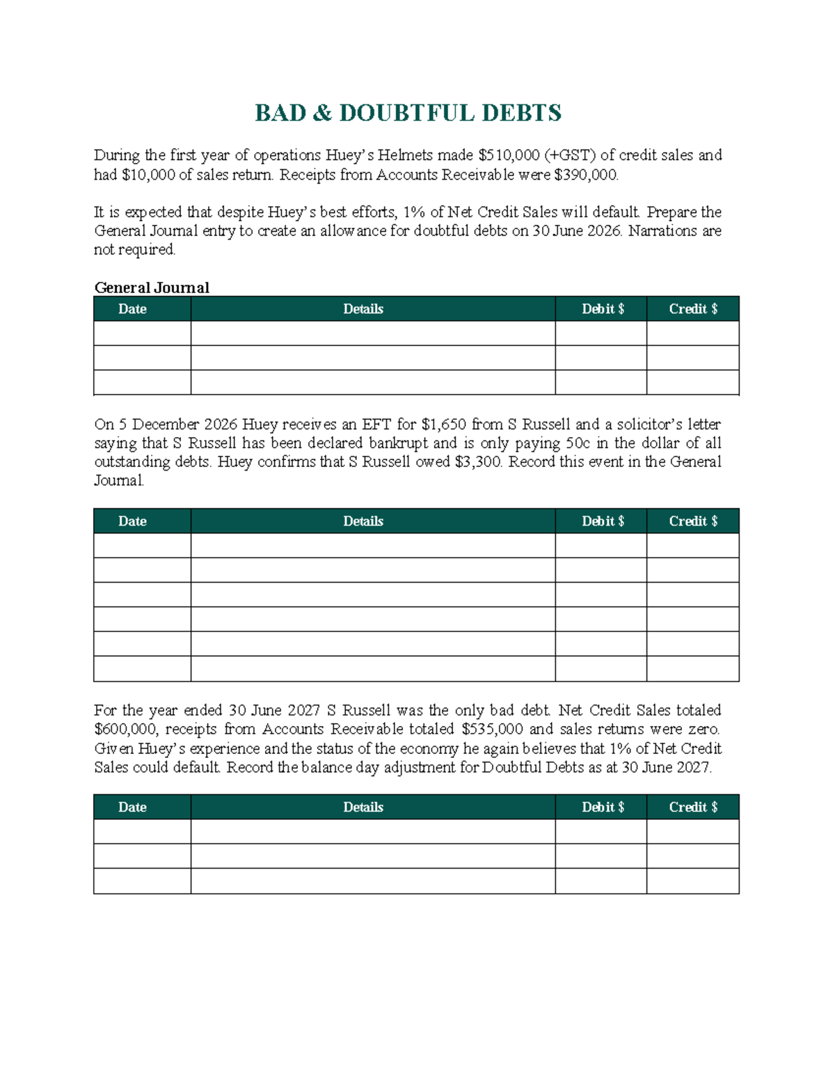 Doubtful Debts Journal Entries (BAD 101) - Studocu