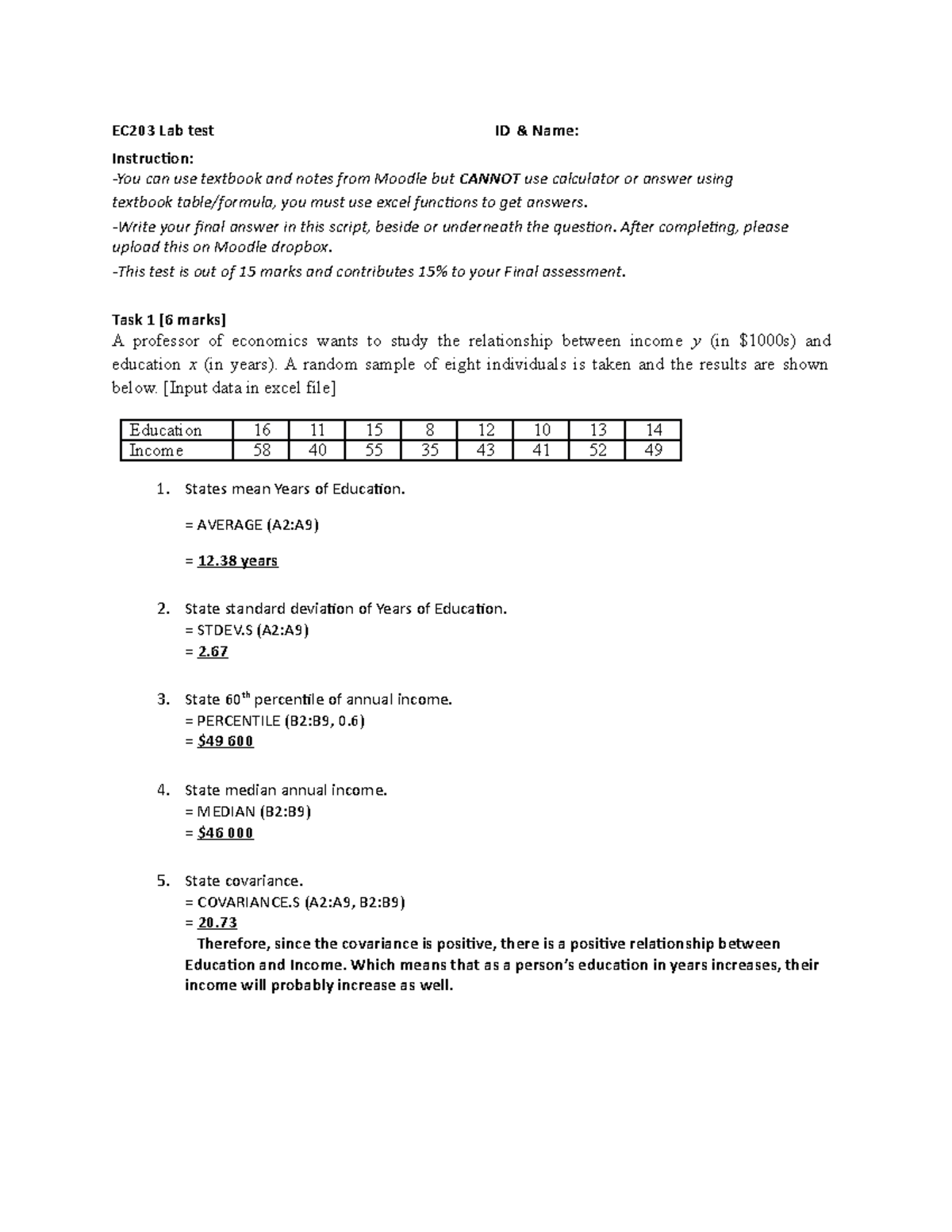EC203 Lab Test Solutions: Statistical Analysis & Excel Functions - Studocu