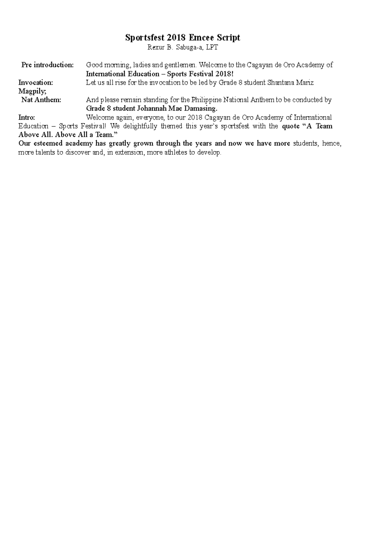 Emcee Script Sports - Sportsfest 2018 Emcee Script Rexur B. Sabuga-a ...
